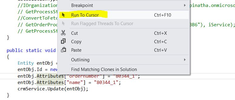 Dynamics 365 Customer Engagement: Run To Cursor in Visual Studio