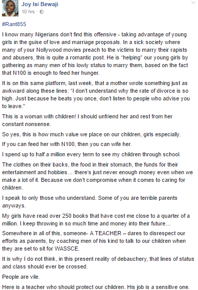 Joy Isi Bewaji reacts to the post by a Nigerian teacher promoting ...