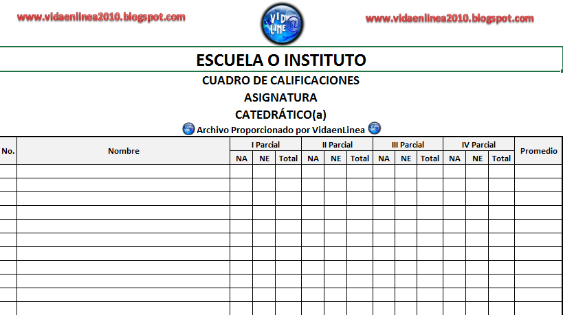 vidaenlinea::..: Plantilla Cuadro de Calificaciones