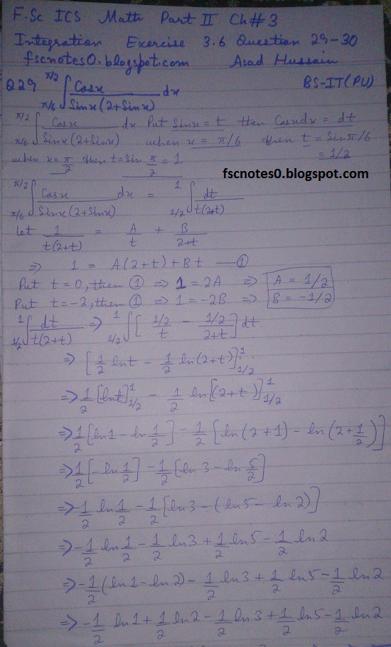 FSc ICS Notes Math Part 2 Chapter 3 Integration Exercise 3.6 question ...