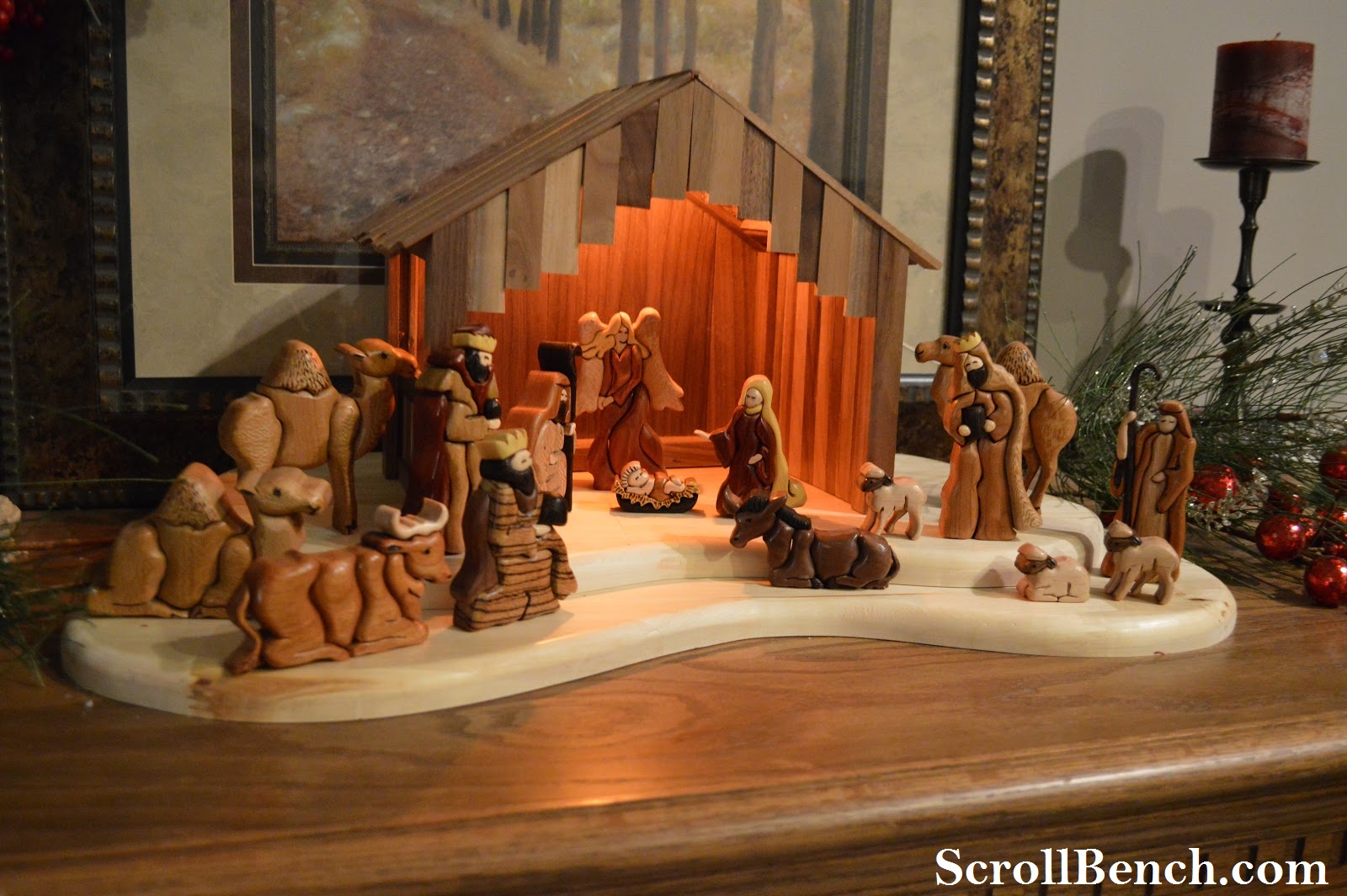 Scroll Bench: Nativity Scene Intarsia