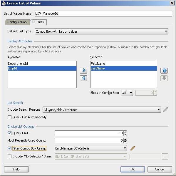 Create Filter or Criteria List of Values (LOV) in Oracle ADF