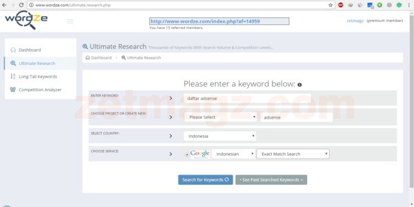 Riset Keyword “kata kunci” Artikel Menggunakan Wordze