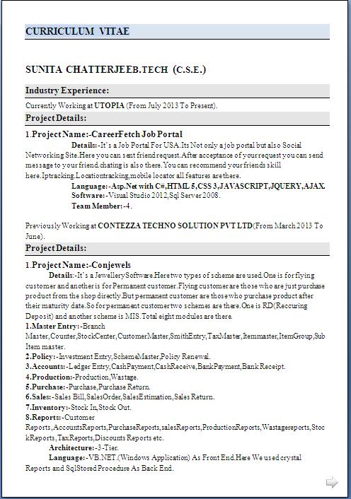CSE Engineer with 5 Years Work Experience Resume Format in Word
