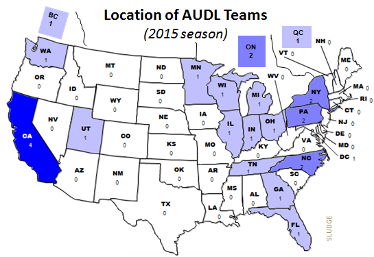 Sludge Output: Map of American Ultimate Disc League Teams (2015 Season)