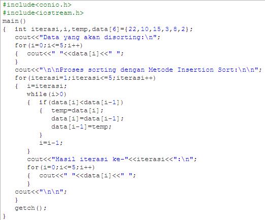 ACY's blog: Listing program C++ untuk Sorting dengan metode Insertion Sort: