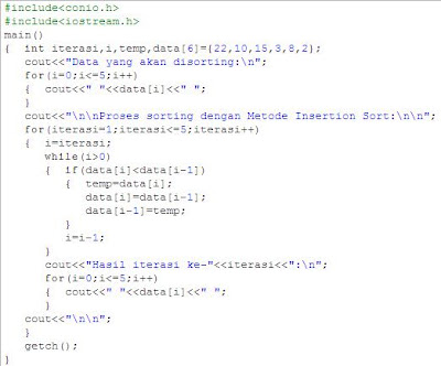 ACY's blog: Listing program C++ untuk Sorting dengan metode Insertion Sort: