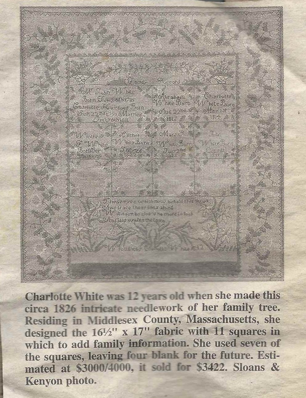 Heirlooms Reunited: Clipping showing c1826 Sampler of Charlotte White ...