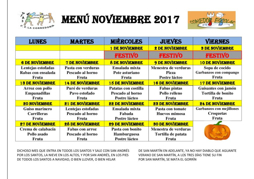 Menú comedor Noviembre 2017