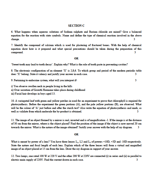 SAMPLE PAPER OF SCIENCE ISSUED BY CBSE CLASS 10 2019