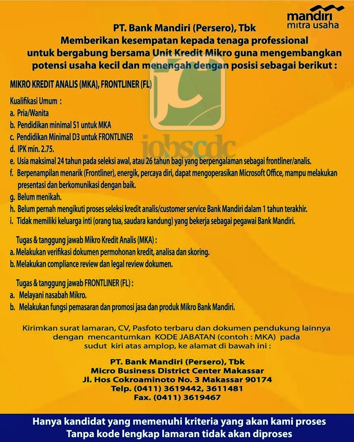 PT Bank Mandiri (Persero) Tbk - D3, S1 Frontliner, MKA Micro Business ...