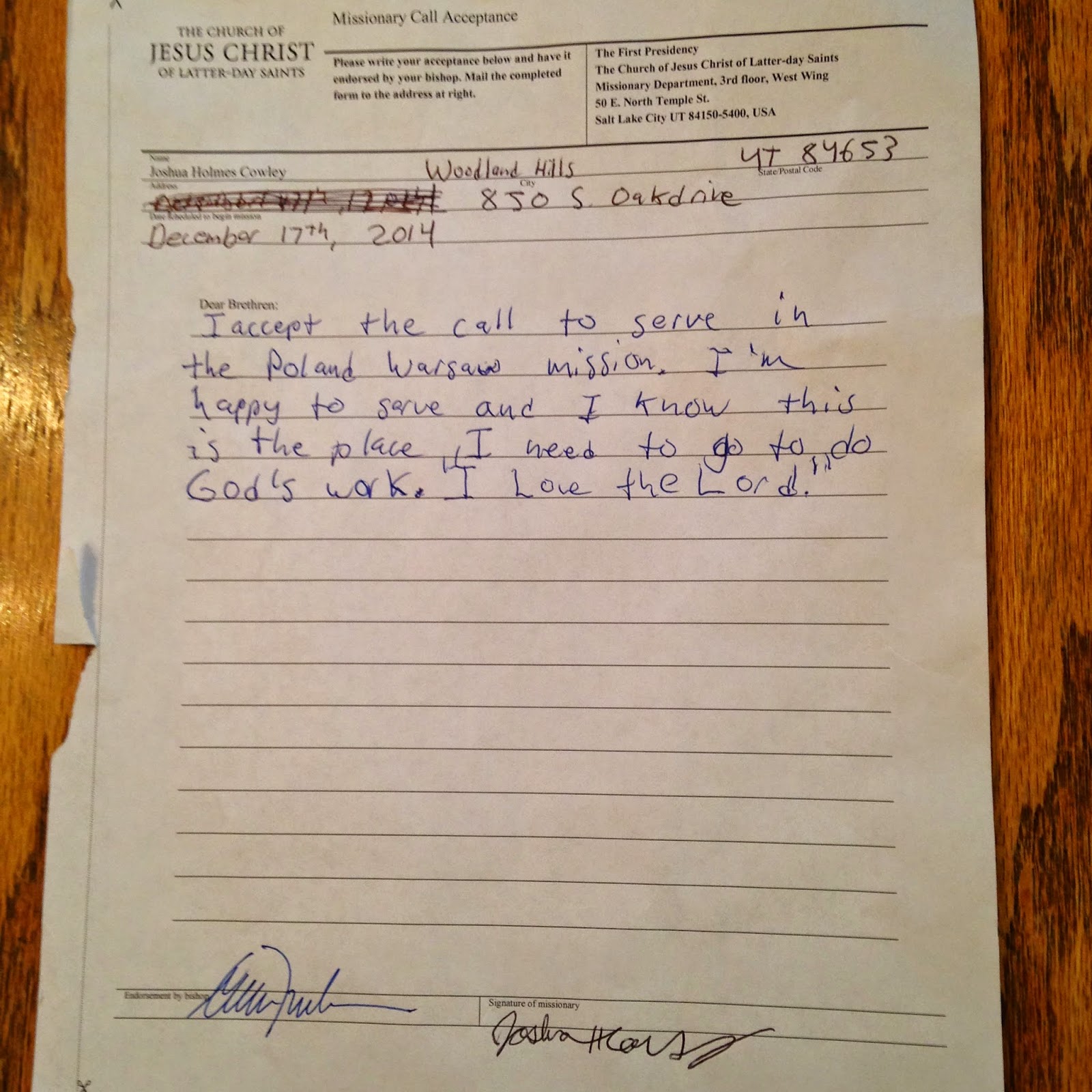 Elder Joshua Cowley's Blog: Mission call arrives and is opened October 2014