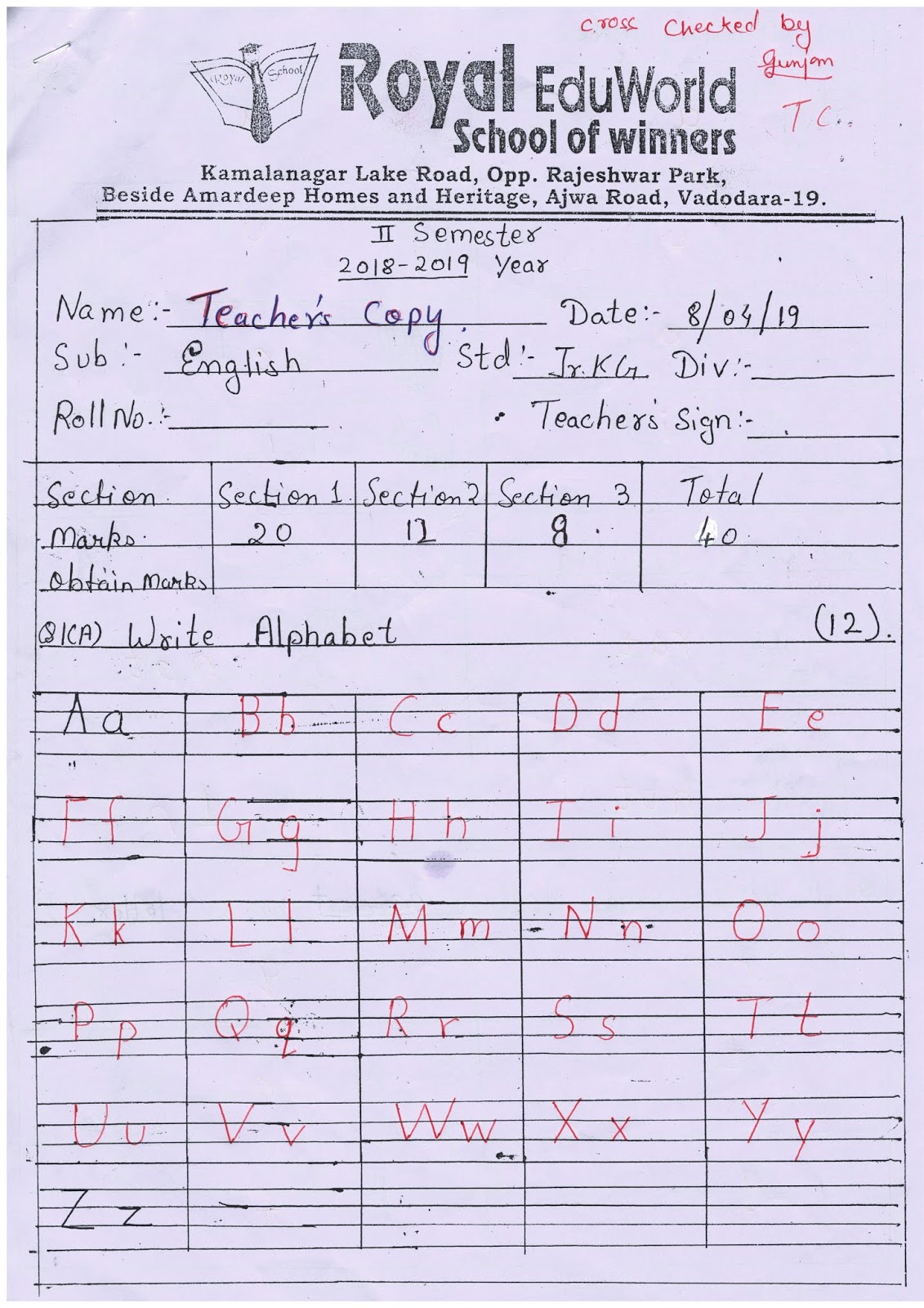 Jr K.G Final Exam paper ENGLISH