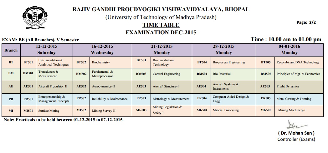 RGPV B.E 5th Sem (Grading) Exam Time Table 2015-2016 | RGPV Examination Time Table