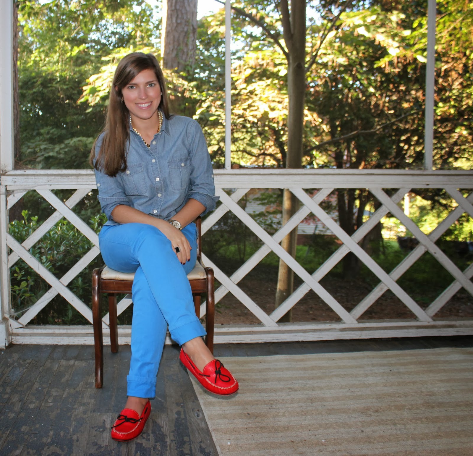 Hand Me Down Style: red loafers and blue