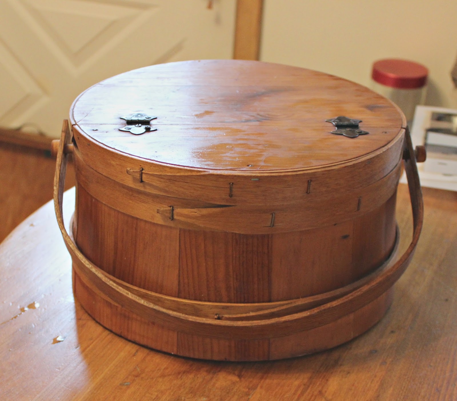 Thrifted Firkin Repurposed As A Pedestal Side Table - Organized Clutter