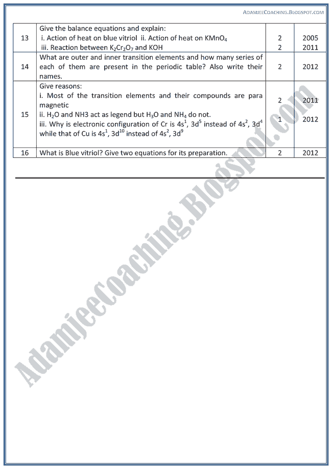 Adamjee Coaching: XII Chemistry Notes - D Block Elements