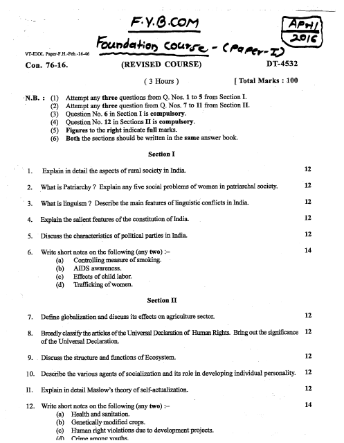 University of Mumbai B.Com Foundation Course Paper I 2015 Question ...