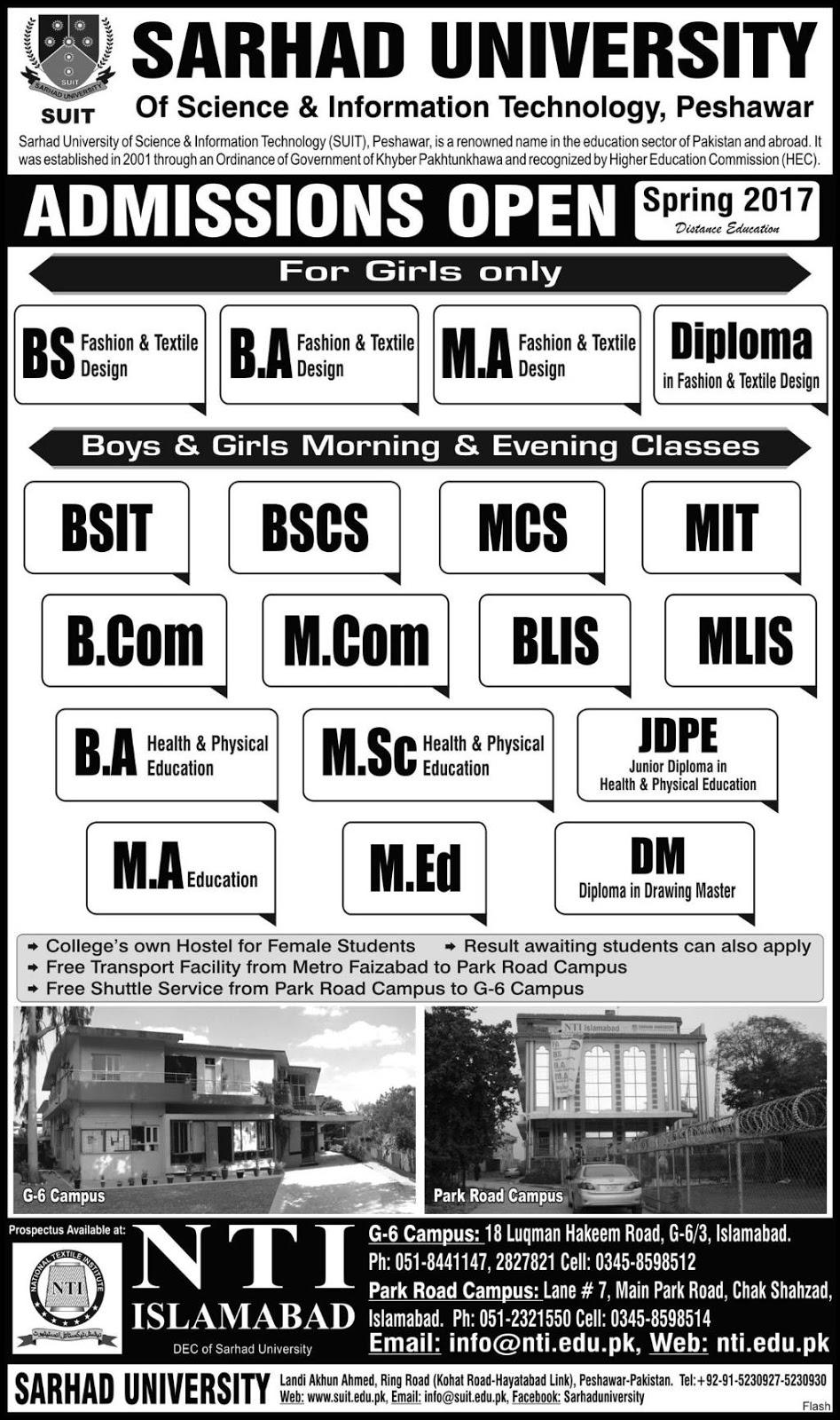 Online Taleem: Sarhad University - Admission Spring 2017