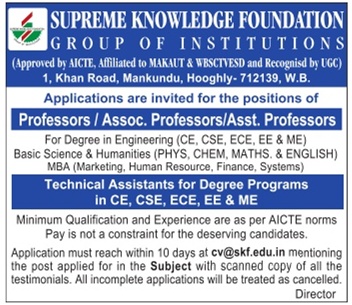 Supreme Knowledge Foundation, West Bengal Wanted Professor plus ...