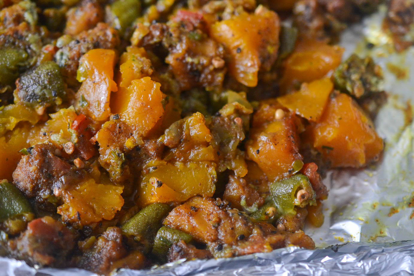 Greedy Girl : Foil roast curry conch with pumpkin and okra