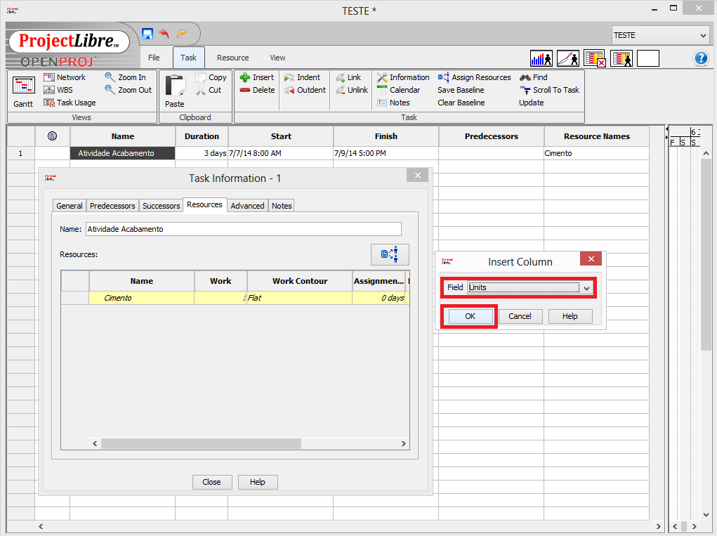 Canal ProjectLibre: Recurso Material no ProjectLibre