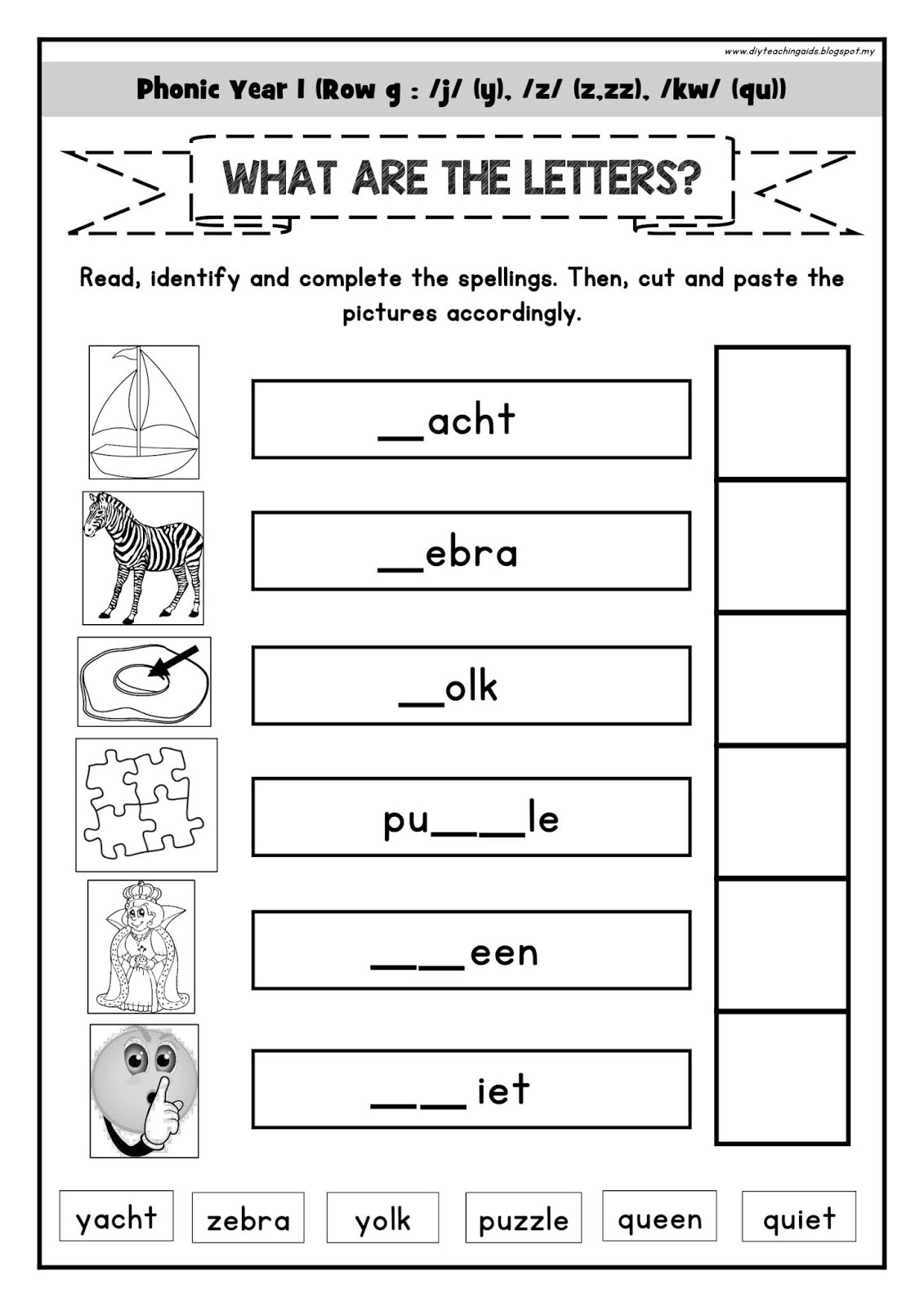 Phonic 18 : Phonemes /j/ (y), /z/ (z,zz), /kw/ (qu) worksheet ~ DIY ...