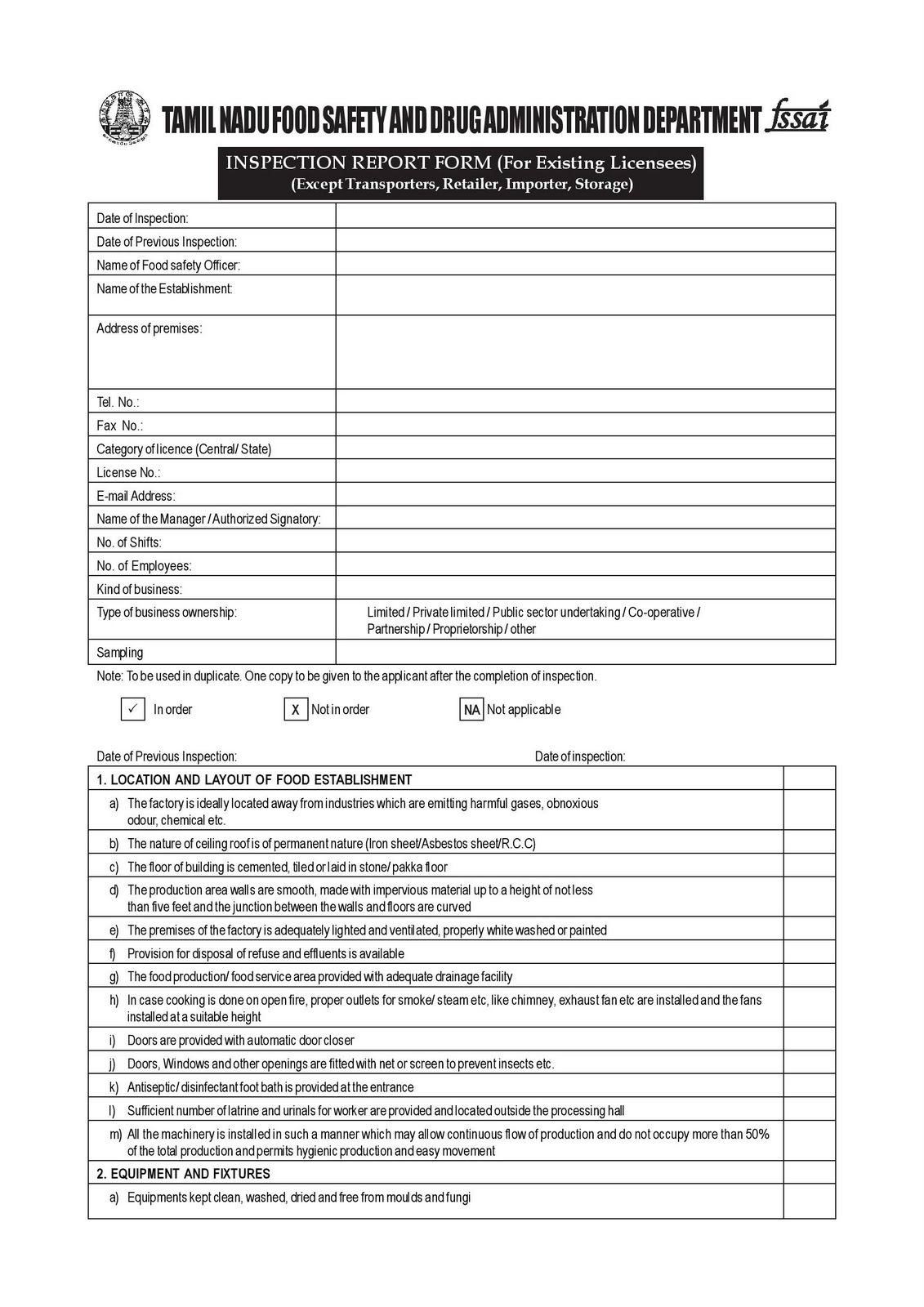 FOOD SAFETY LATEST: FSO INSPECTION FORM FOR EXISTING & NEW LICENSE