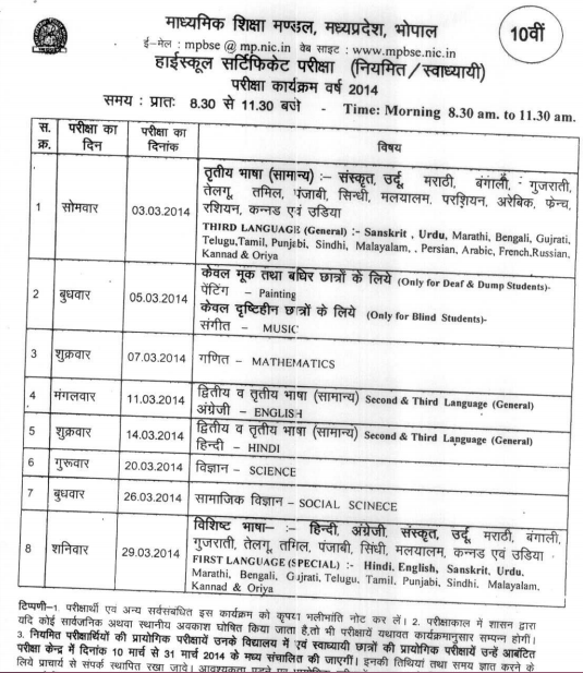 Madhya Pradesh Board Class 10th Date sheet 2014 Time Table Download ...