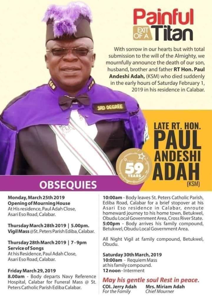 RT HON.PAUL ADAH'S DEATH: A COLOSSAL LOSS -OWAN ENOH