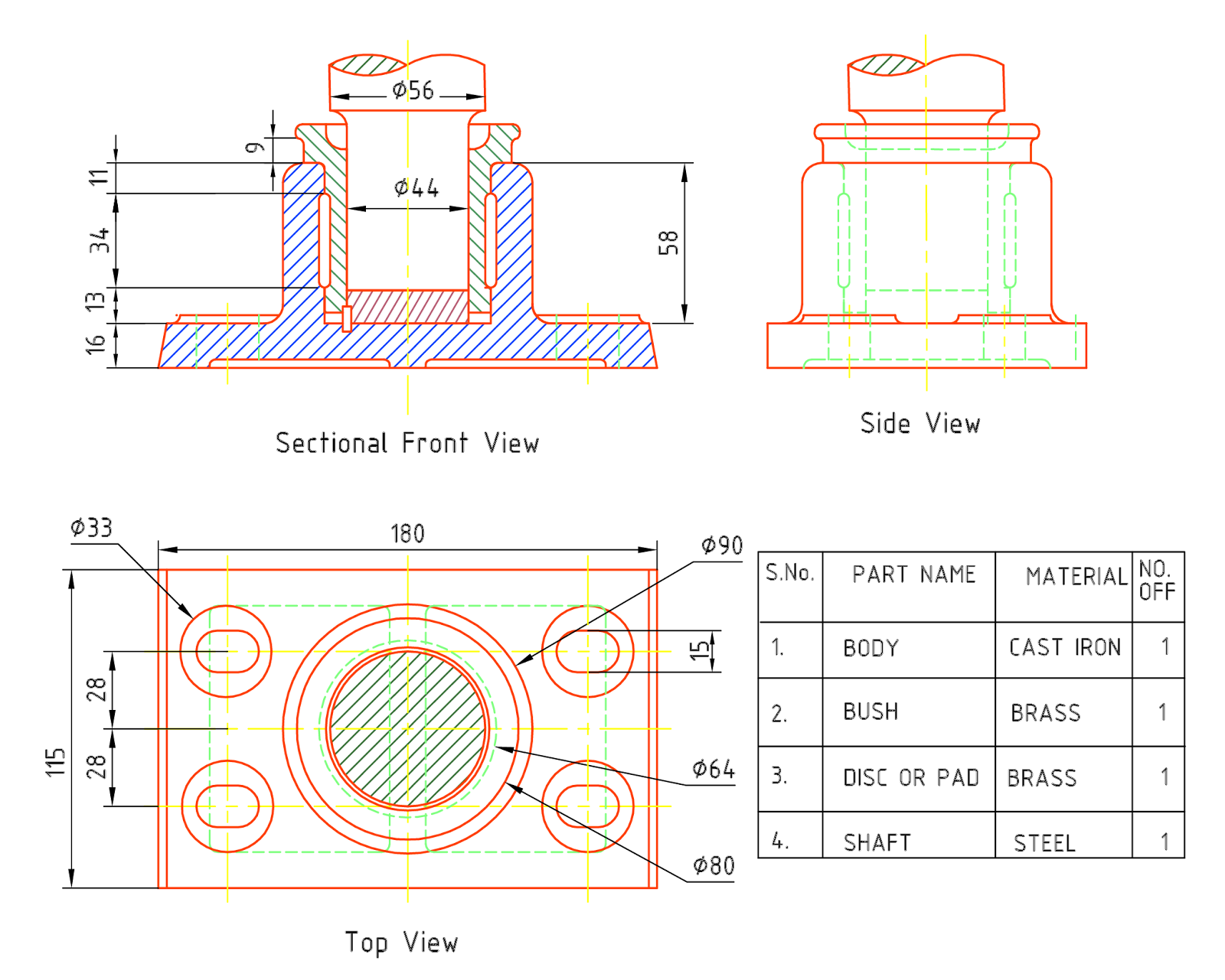 Machine Drawing: Foot step bearing