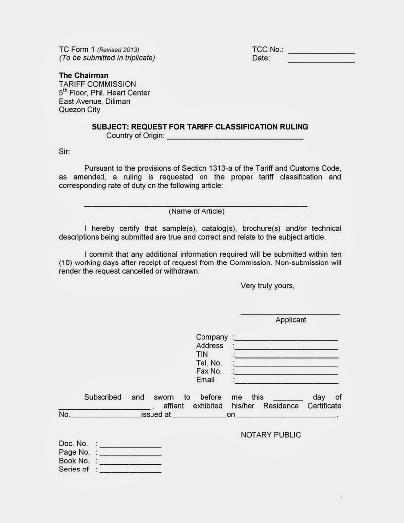 NCST Customs Administration: TC Form 1