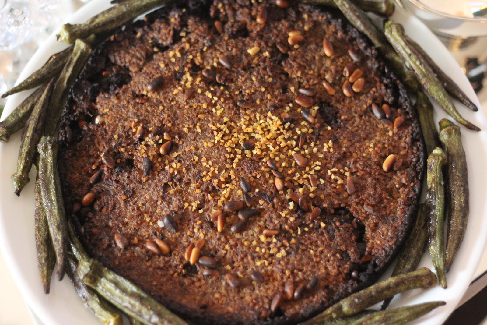 Baked Kibbeh Pie (Kibbeh bel-saniyyeh) with Crispy Okra and Tahina Sauce