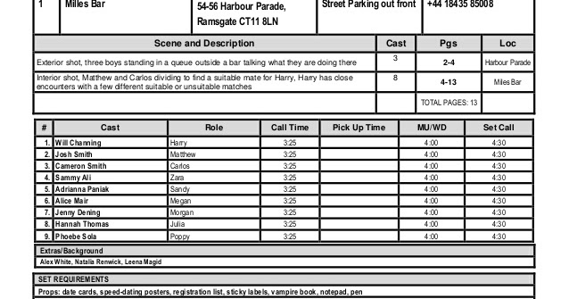 Grace G324 Media : Call Sheet - Main Task and Ancillary Tasks