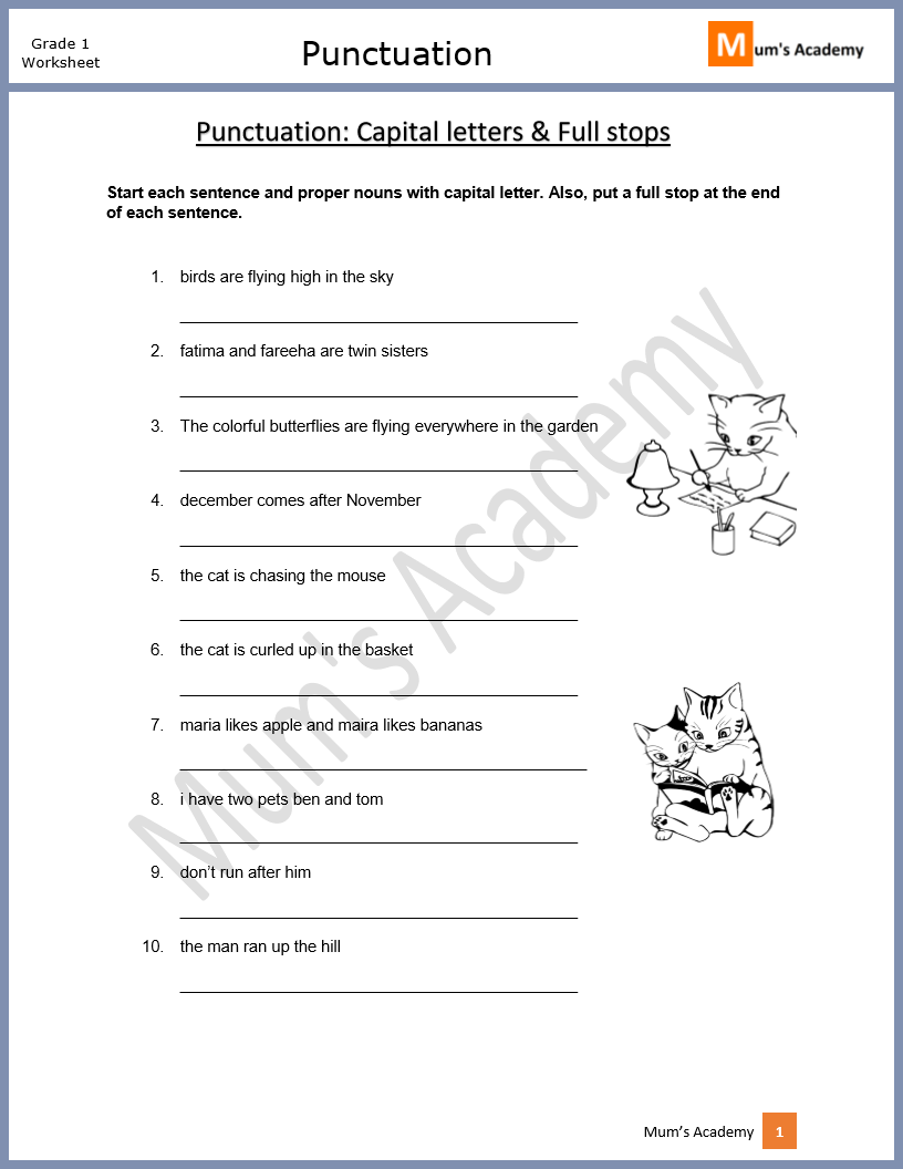 Grade 1 - Worksheet - More Punctuation - Mum's Academy