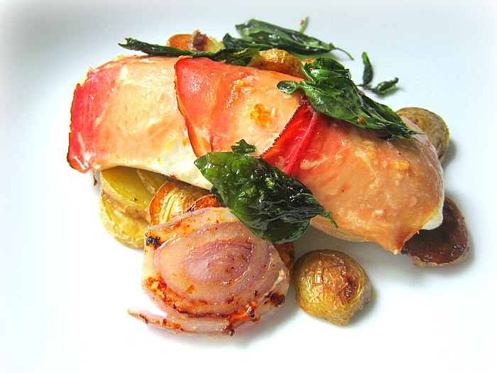 What's for Dinner? Fish Wrapped in Prosciutto w/ Fried Basil & Roasted ...
