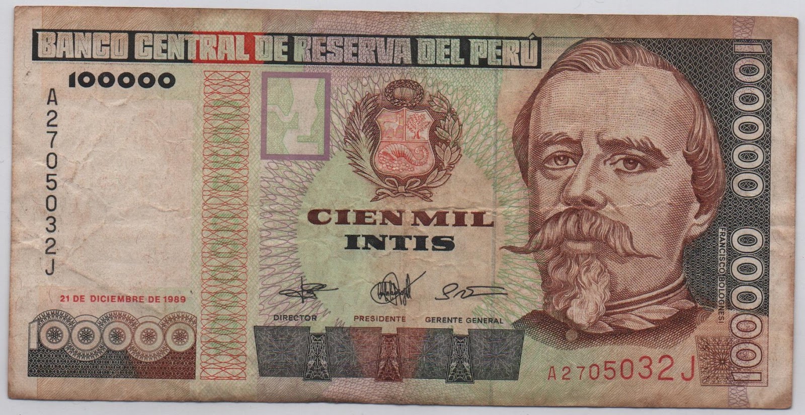 Coleccion de billetes y monedas (numismatica): 100000 intis Perú 1989 / ...