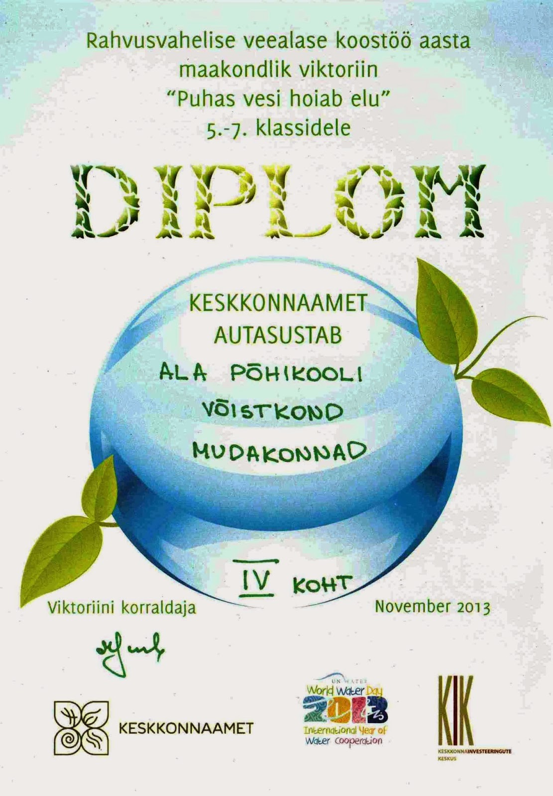 Ala kooli ajaveeb: Edukas osavõtt viktoriinist "Puhas vesi hoiab elu"