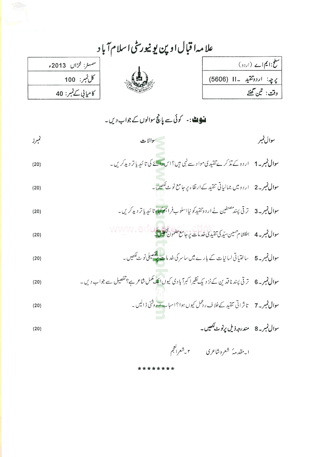 Allama Iqbal Open University Old Paper 5 Sala : AIOU OLD PAPERS 5 SALA 5606