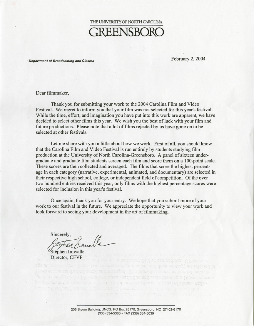Bellmore: The Unscene: North Carolina Rejection Letter (2/4/04)