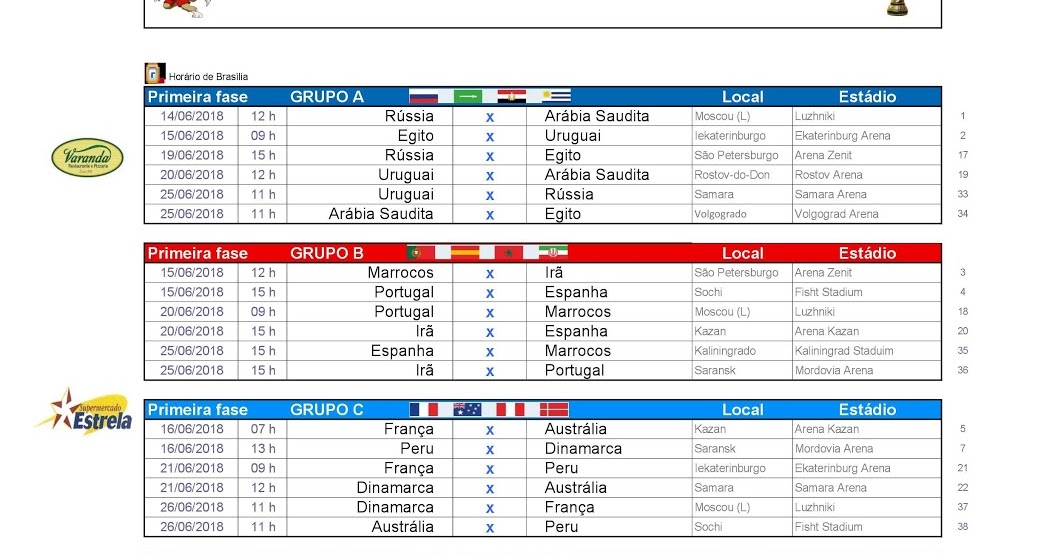 COPA DO MUNDO - 2018: TABELA OFICIAL