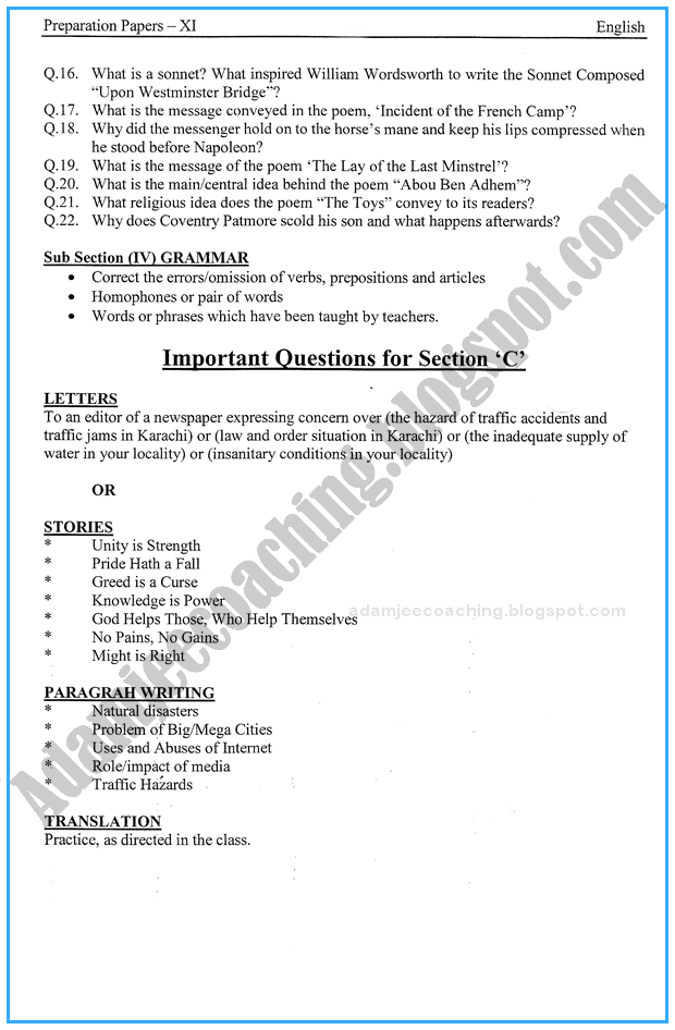 Adamjee Coaching: English 11th - Adamjee Coaching Guess Paper 2017