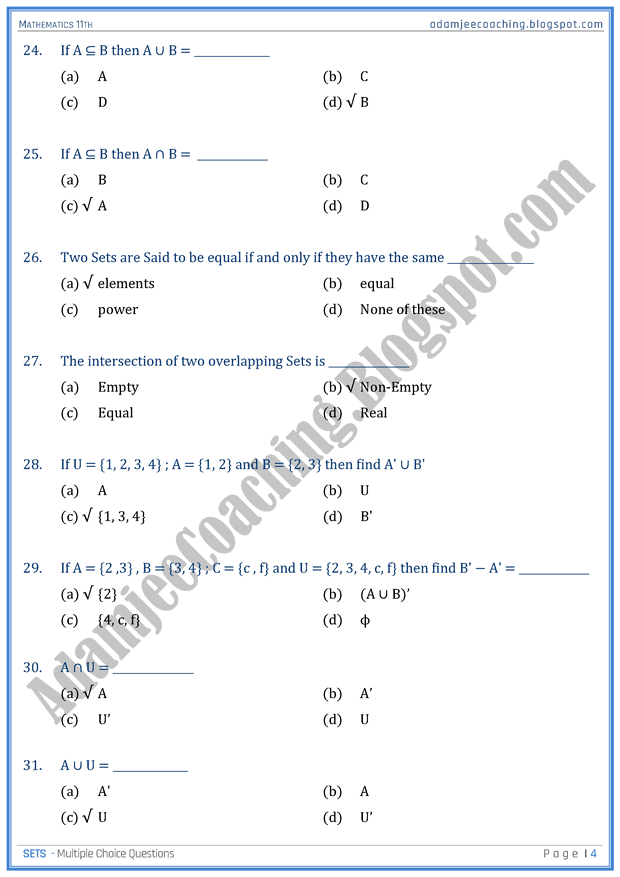 Adamjee Coaching: Sets - MCQs - Mathematics 11th