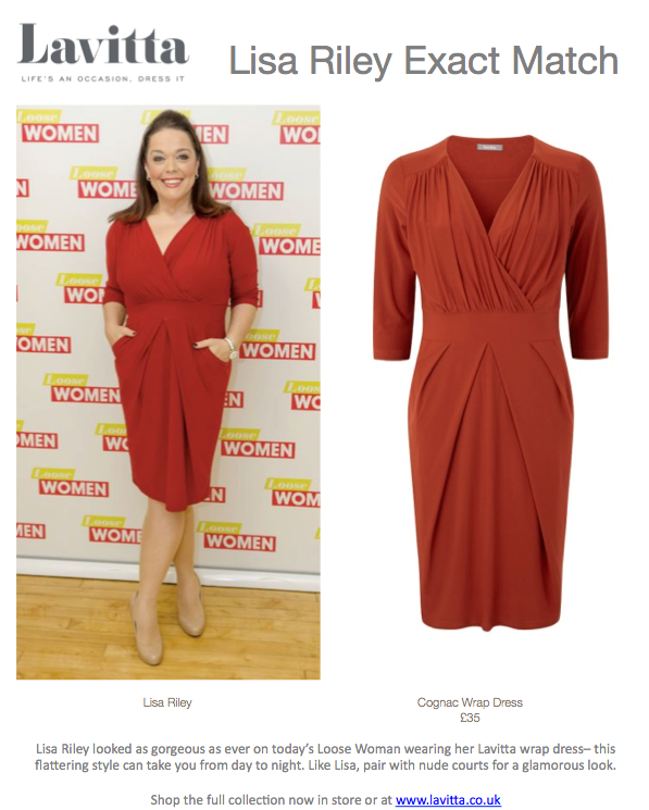 frumpy to funky: EXACT MATCH: Lisa Riley wears Lavitta wrap dress