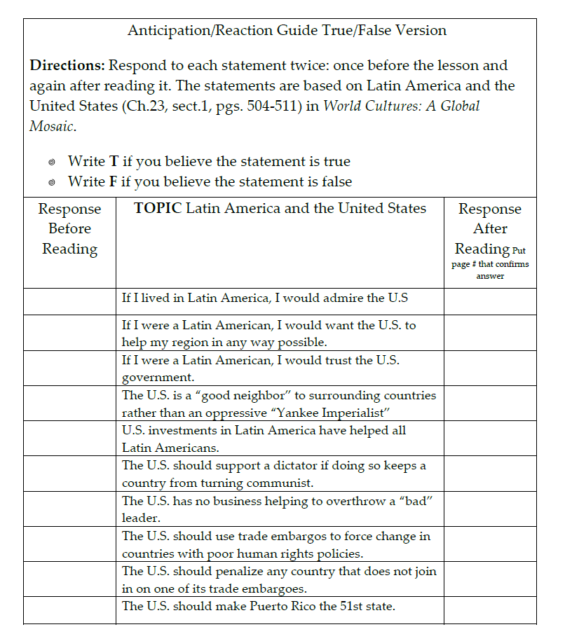 Anticipation Guide - Social Studies Success