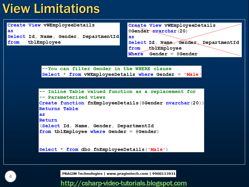 Sql server, .net and c# video tutorial: Part 42 –View Limitations Sql server, .net and c# video tutorial: Part 42 –View Limitations