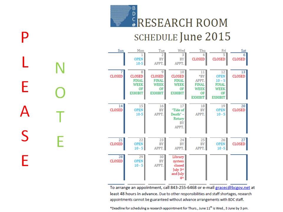 Beaufort District Collection Connections: BDC Research Room Schedule ...