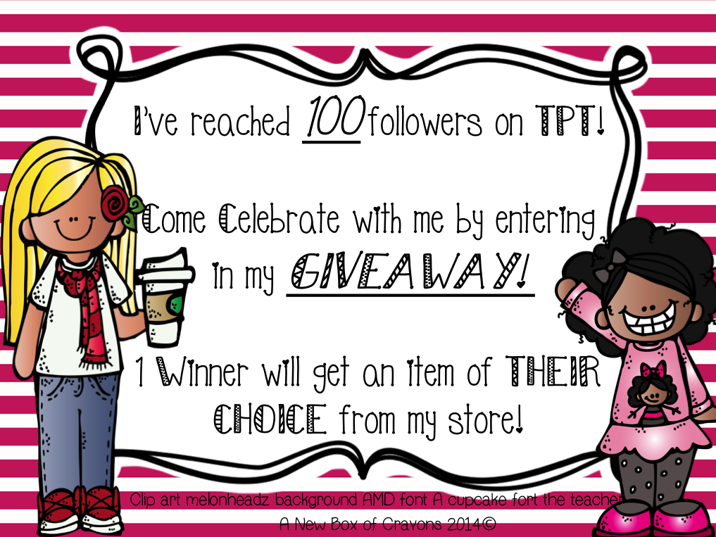 A New Box of Crayons: 100 Followers on TPT means a GIVEAWAY!