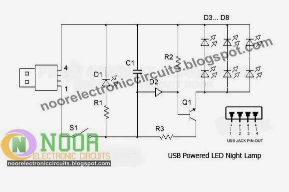 Noor Electronic Circuits: USB Powered LED Night Lamp Circuit