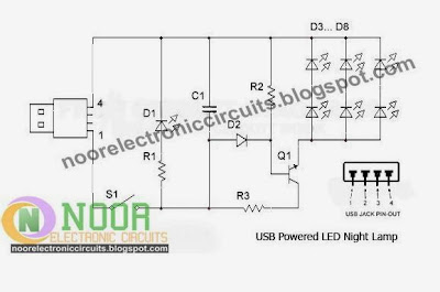 Noor Electronic Circuits: USB Powered LED Night Lamp Circuit